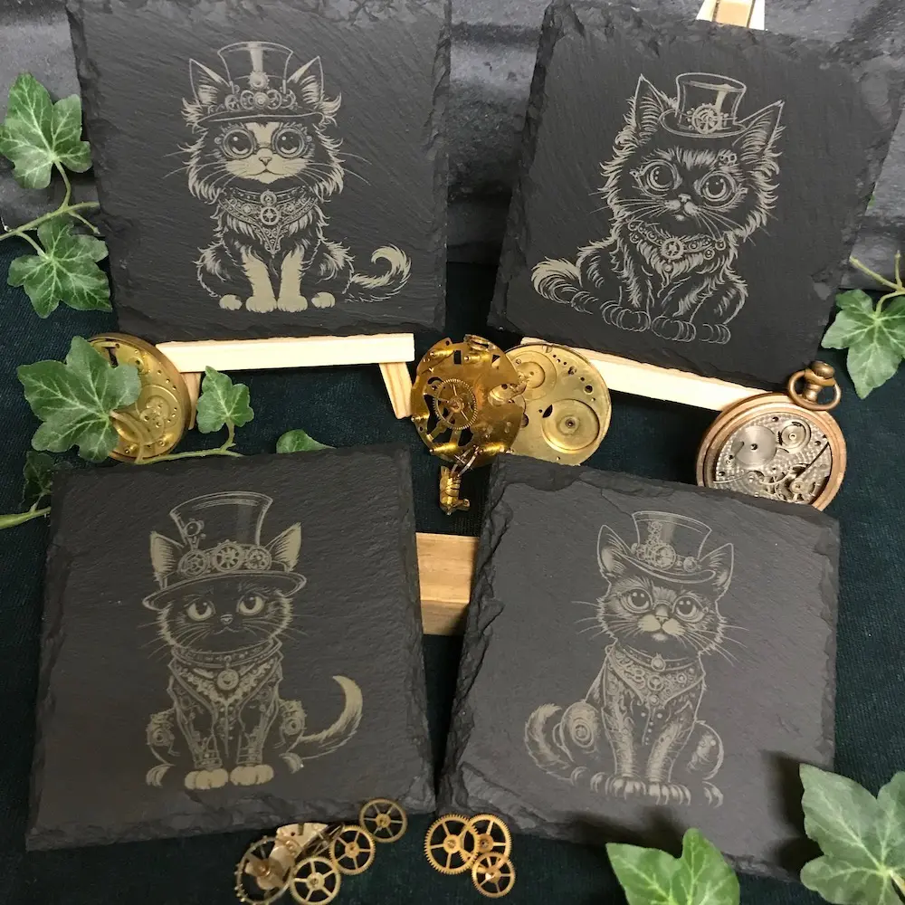 Steampunk Cats - Square Slate Coasters